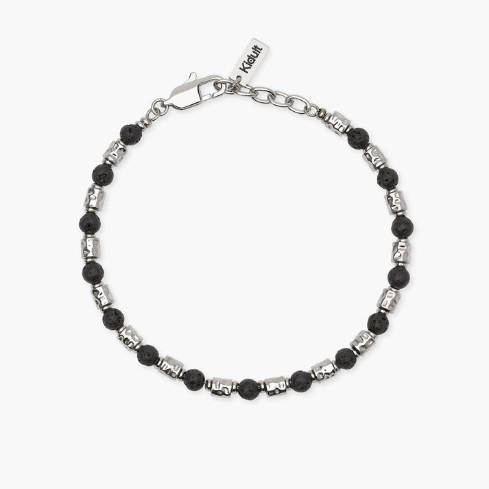 Bracciale Kidult Uomo acciaio con cubetti martellati e pietra lavica ...